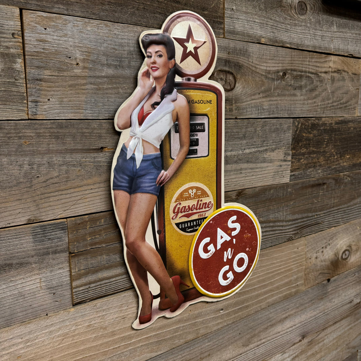 Vintage Gas Pump Pinup Girl Shaped Embossed Metal Sign – Iron Forged Tavern