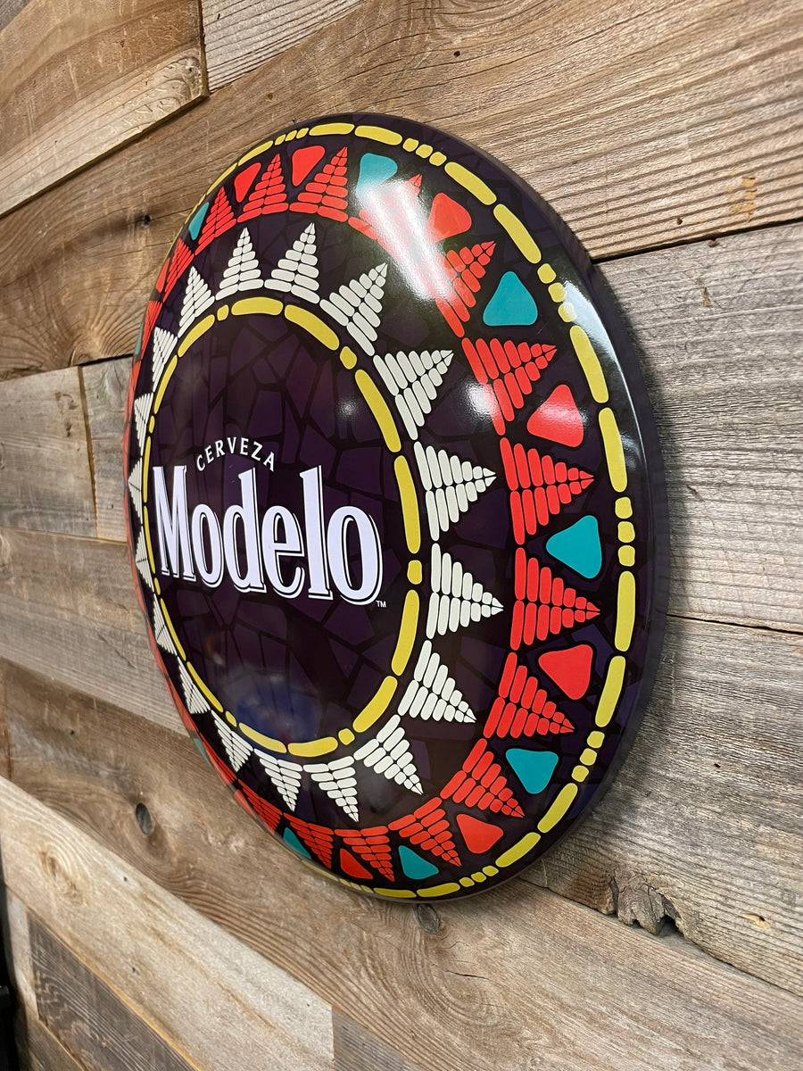 Modelo Aztec Design Logo Round Domed Shaped Metal Sign – Iron Forged Tavern