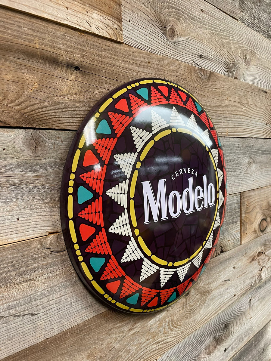 Modelo Aztec Design Logo Round Domed Shaped Metal Sign – Iron Forged Tavern