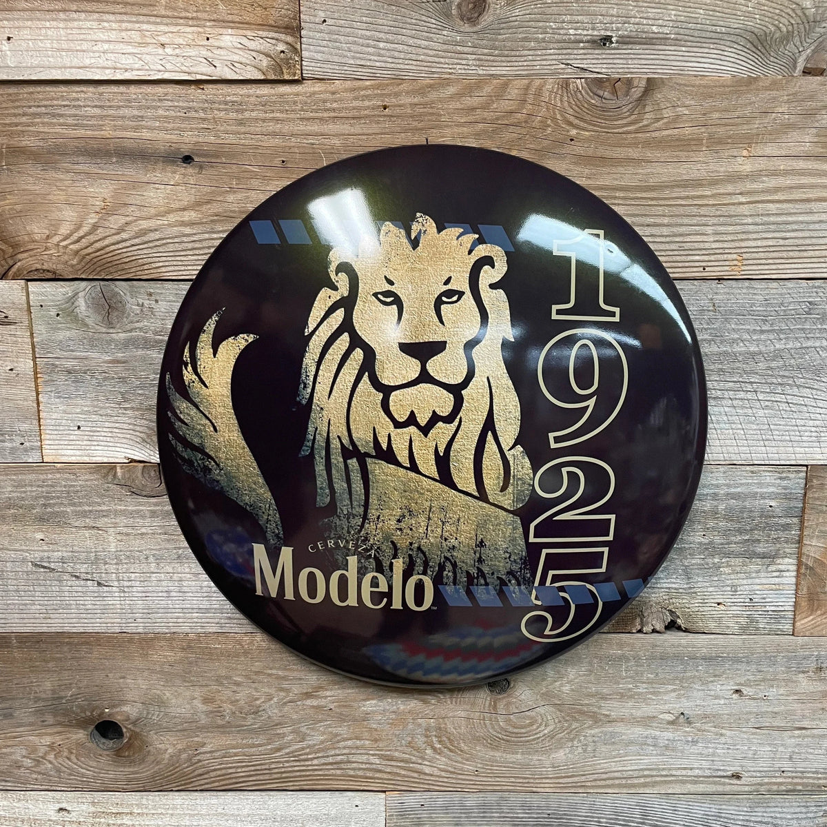 Modelo 1925 Lion Logo Round Domed Shaped Metal Sign – Iron Forged Tavern